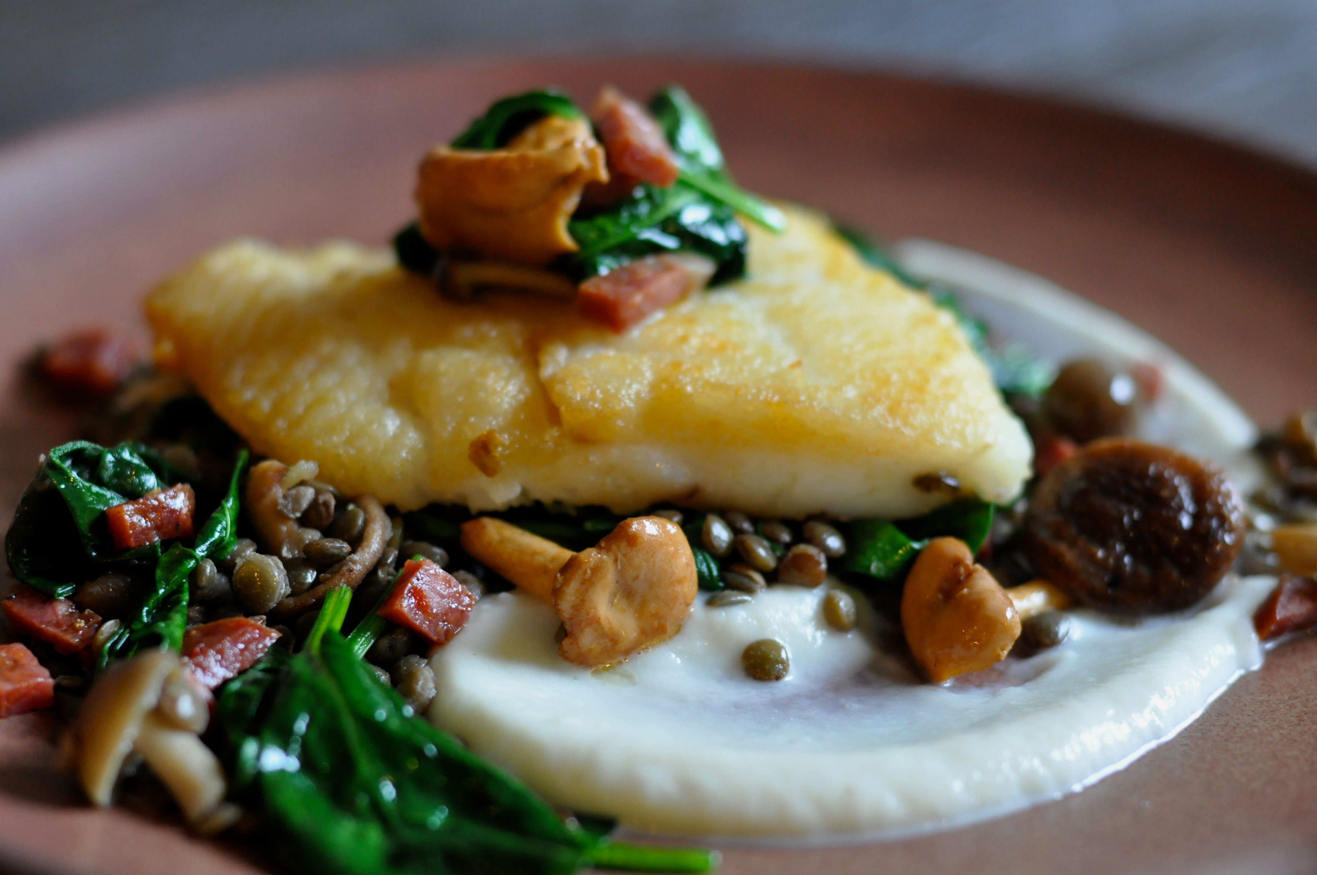 Pan Seared Fluke With Warm Wild Mushroom & Lentil Salad, Sunchoke Smear ...